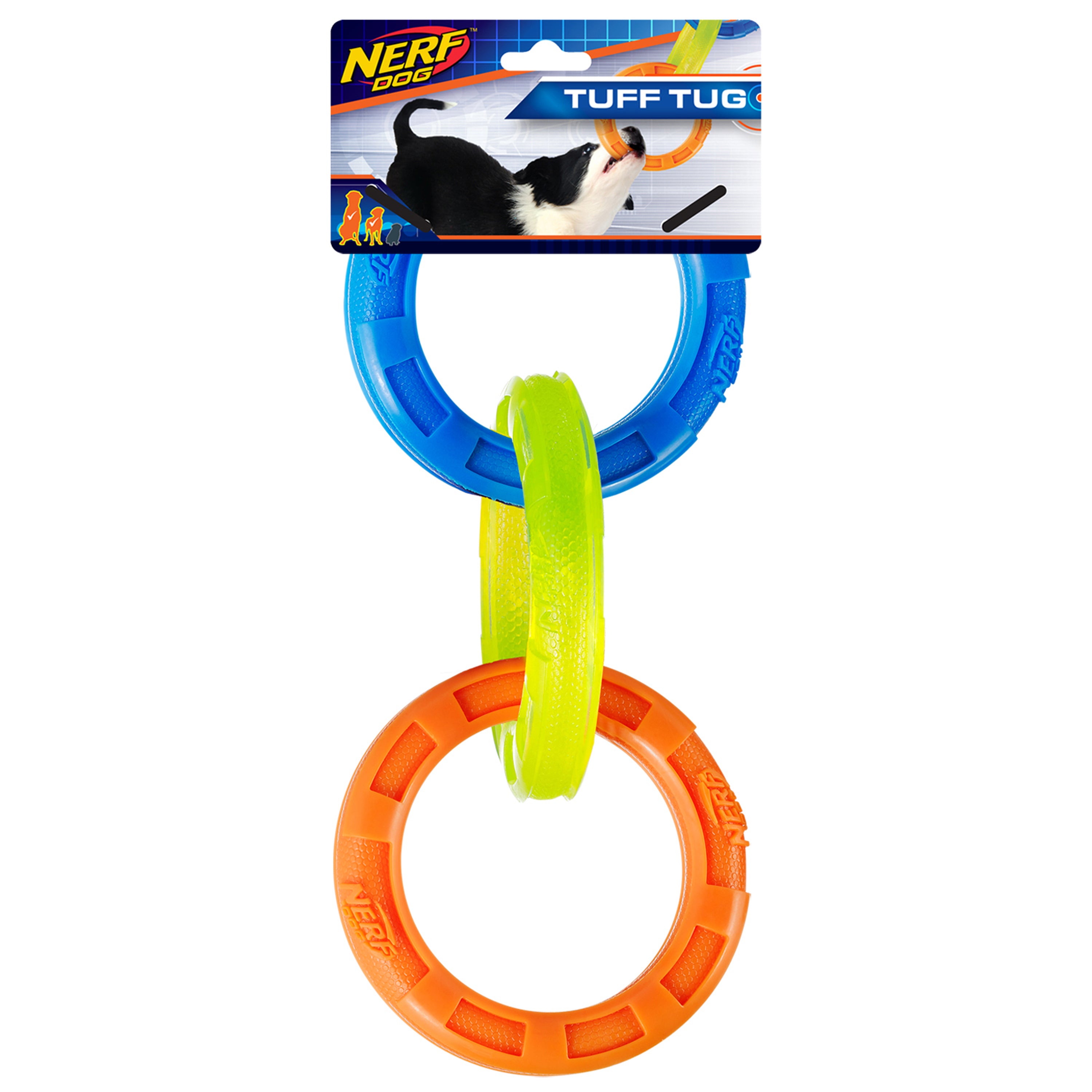 Nerf Dog Toy - TPR 3 Ring Tug Blue, Green and Orange 29cm